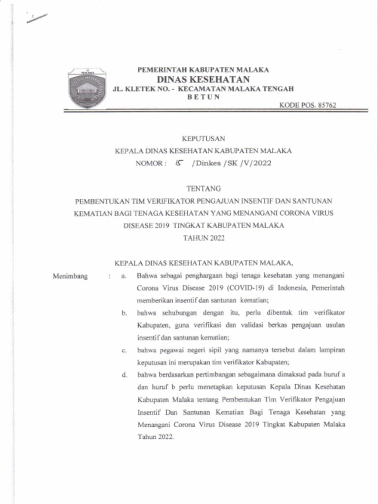 SK Tim Verifikator Insentif Nakes 2022 Dinkes | PDF