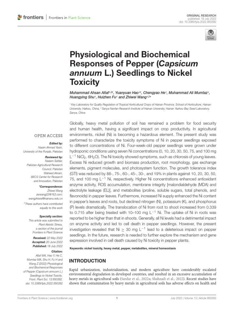 Physiological and Biochemical Responses of Pepper (Capsicum Annuum L) Seedlings To Nickel ...