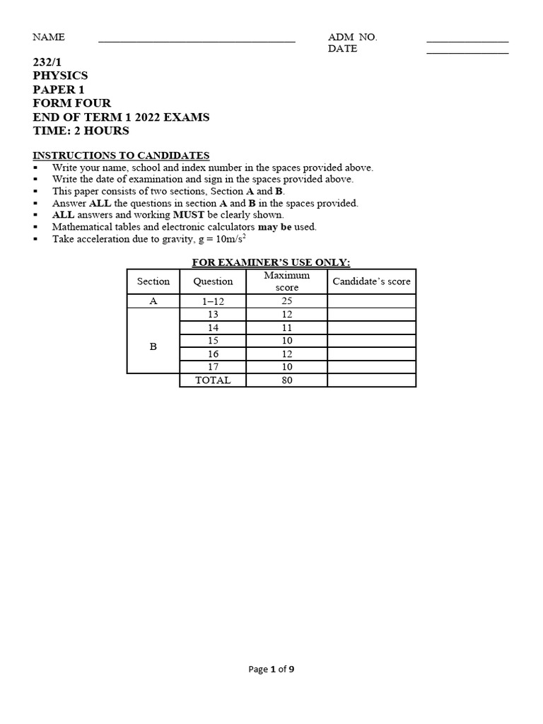Physics PP1 QN Form 4 2022 End Term 1 Teacher - Co - .Ke | PDF ...