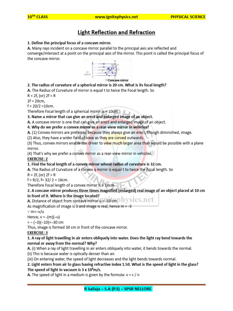 Light - Reflection and Refraction (Notes) | PDF | Sphere | Mirror