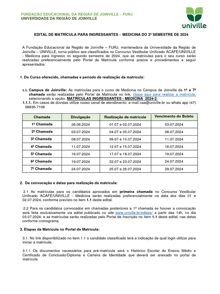 Edital de Matrícula Medicina 2024-2 UNIVILLE | PDF | Finanças e ...