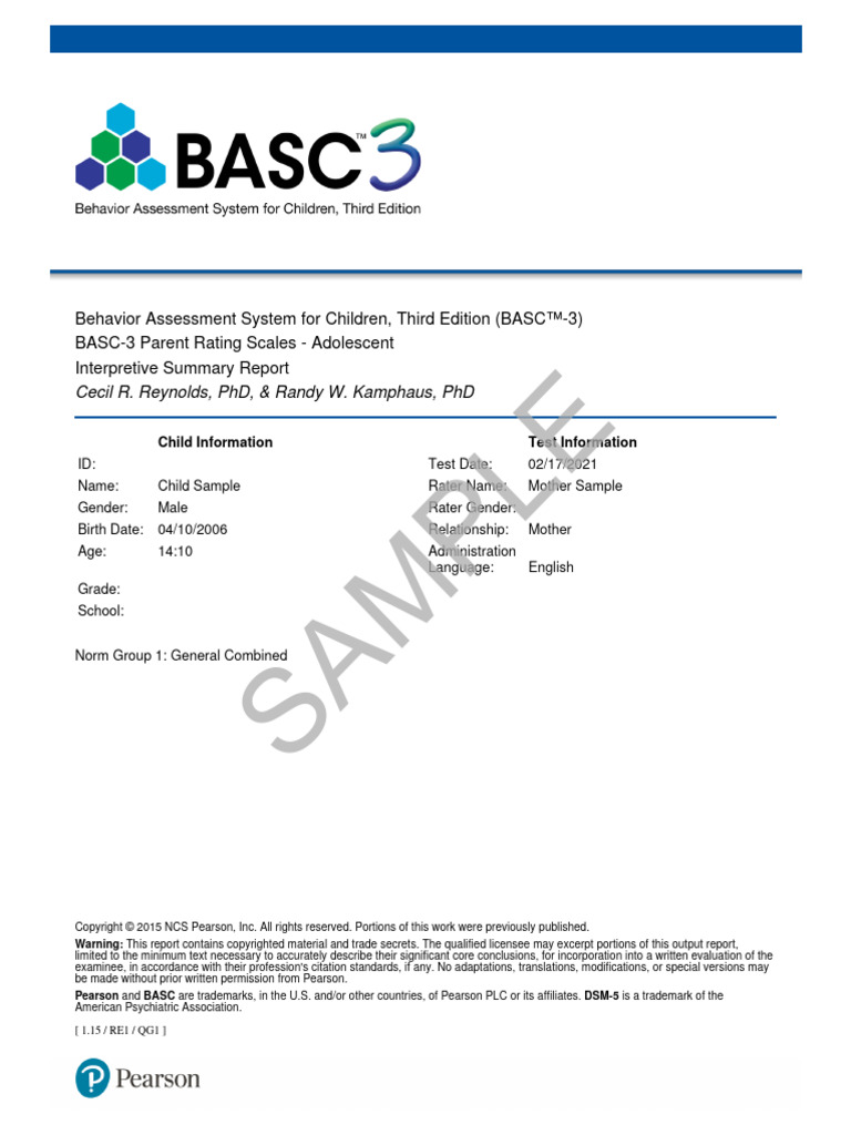 BASC-3 Rating Scales Report Sample with EDQs | PDF | Mental Disorder | Autism Spectrum