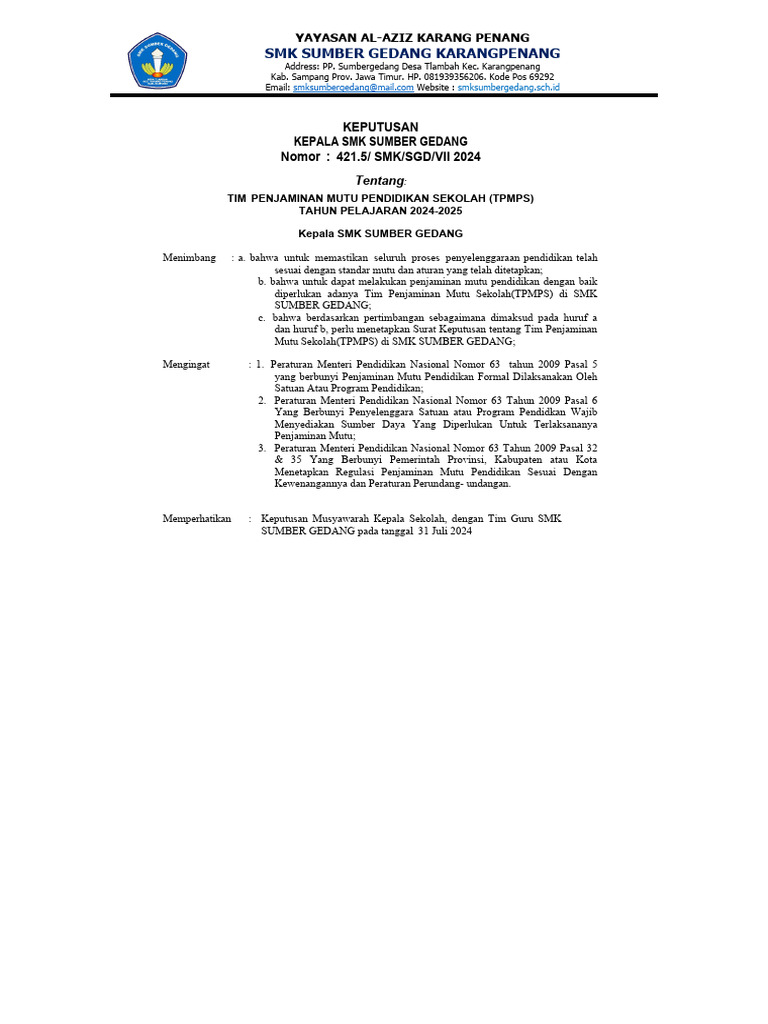 SK Tim Penjaminan Mutu Sekolah 1 | PDF