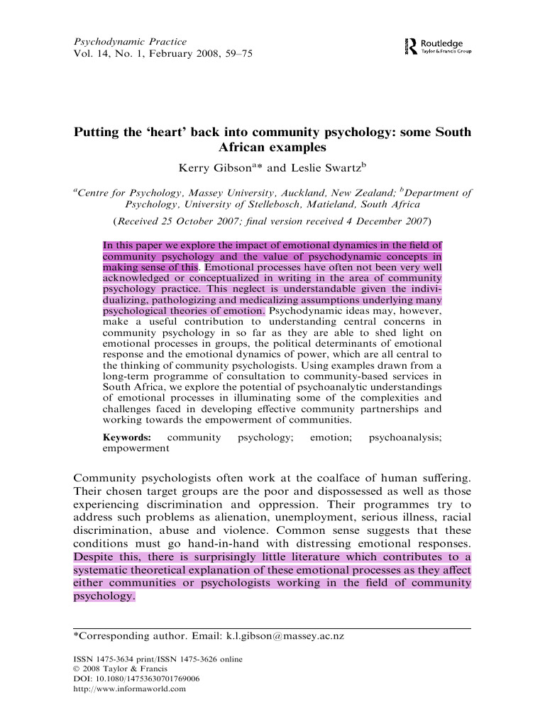 Putting the 'heart' back into community psychology | PDF ... Putting the 'heart' back into community psychology | PDF ...