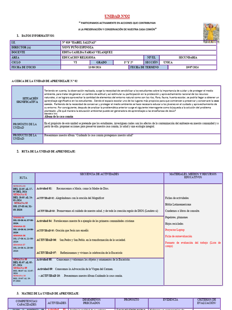 Unidad N O2: I.E. Director (A) Docente Área Nivel Ciclo Grado Sección Fecha de Inicio Fecha de ...