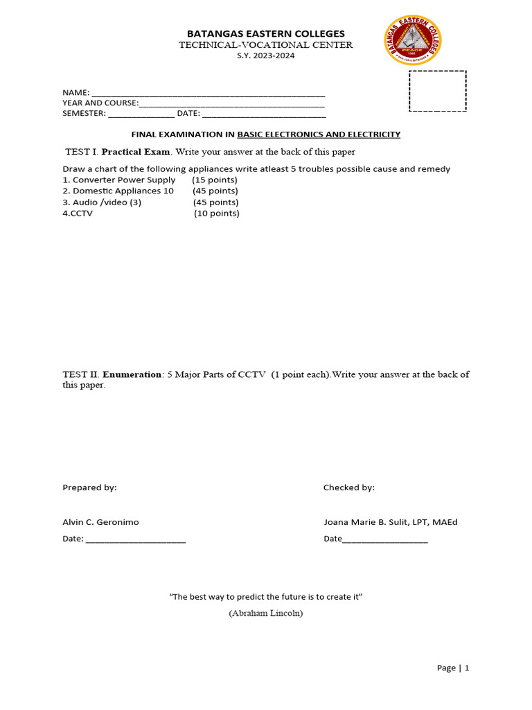 BEC EXAM Basic Electronics 1 | PDF