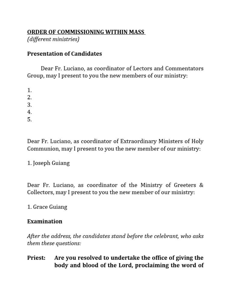 ORDER OF COMMISSIONING WITHIN MASS Different Ministries | PDF ...