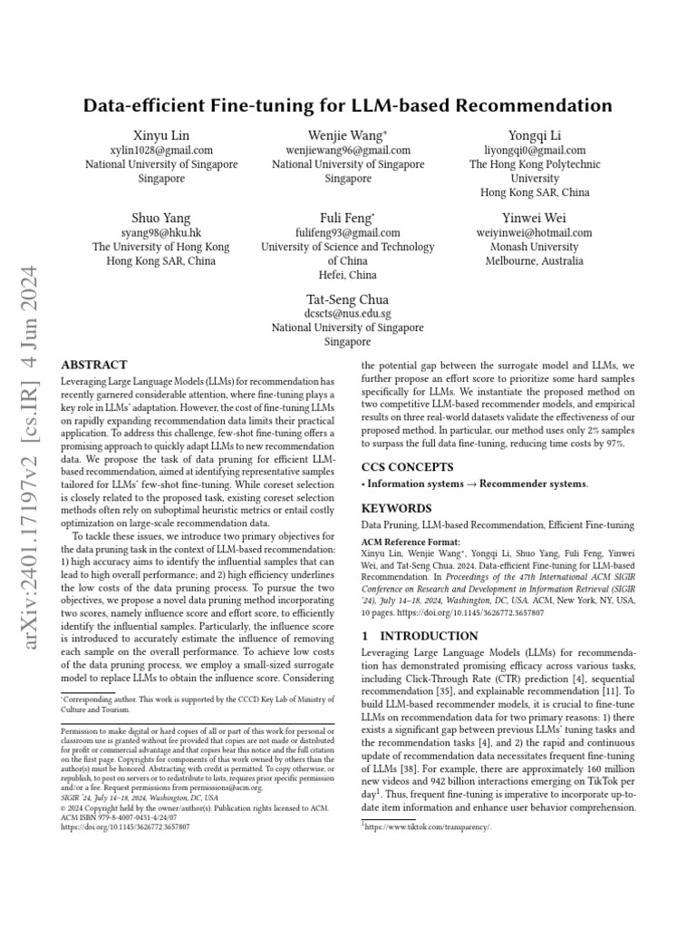 Data-efficient Fine-tuning for LLM-based Recommendation | PDF | Sampling (Statistics)