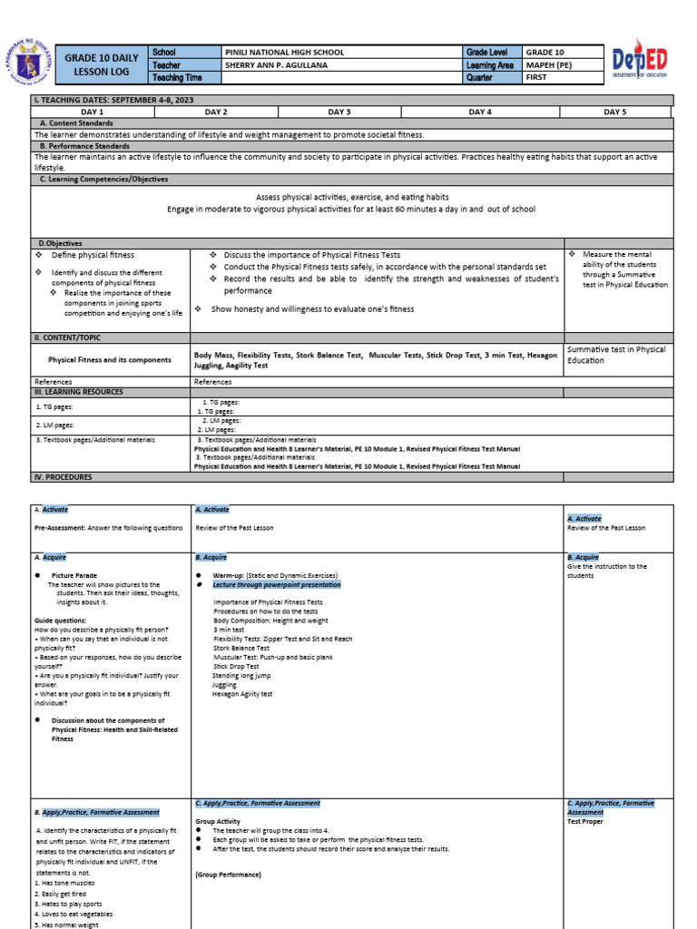 Q1DLP Pe10 W2 | PDF | Physical Fitness | Physical Education