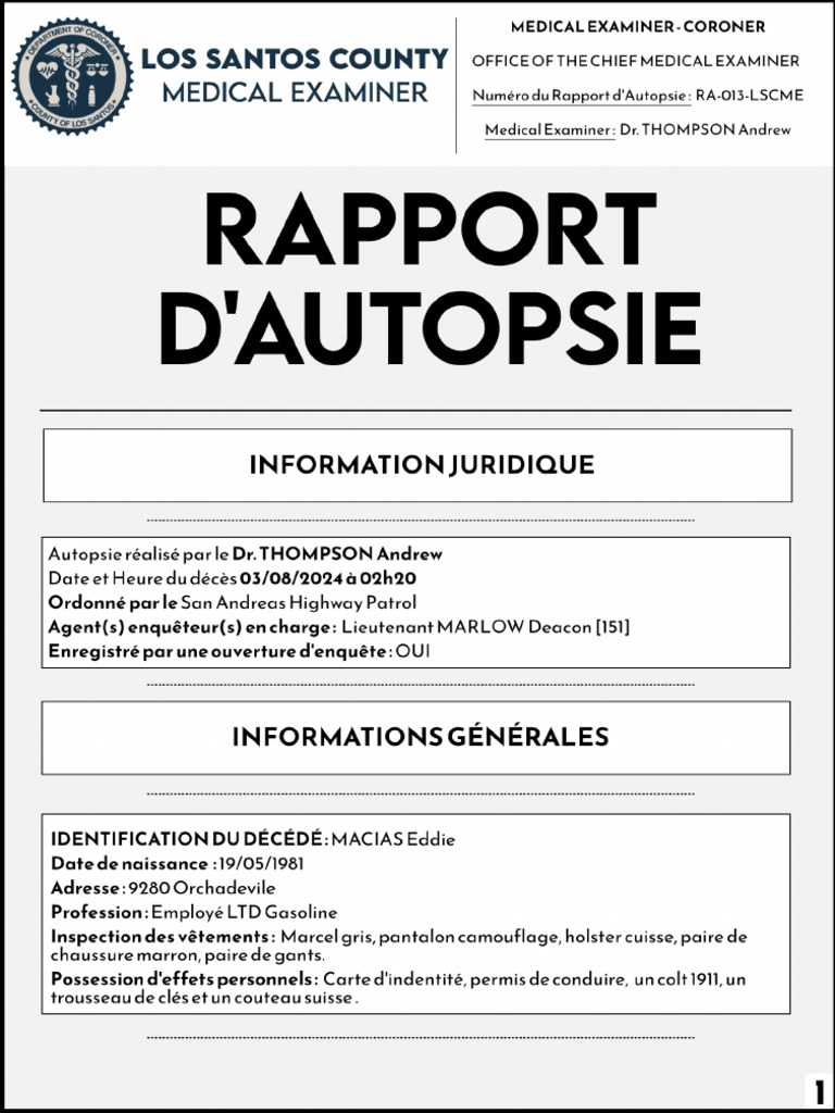 Rapport Autopsie Eddie Macias | PDF