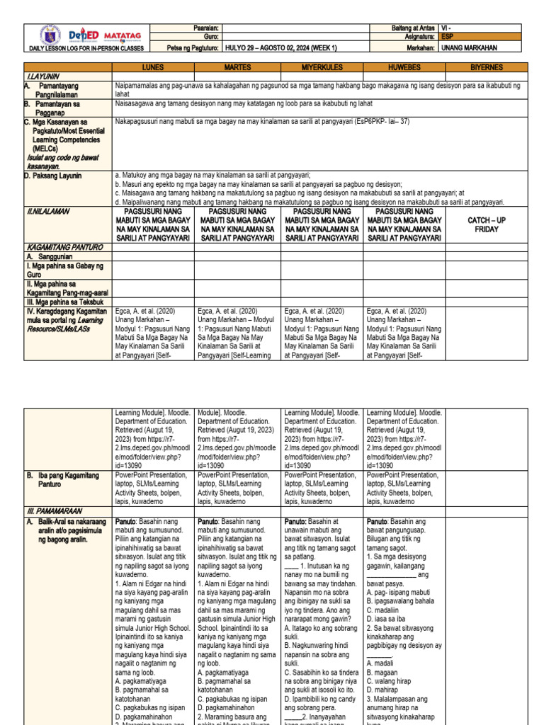 G6 Q1W1 DLL ESP (MELCs) | PDF