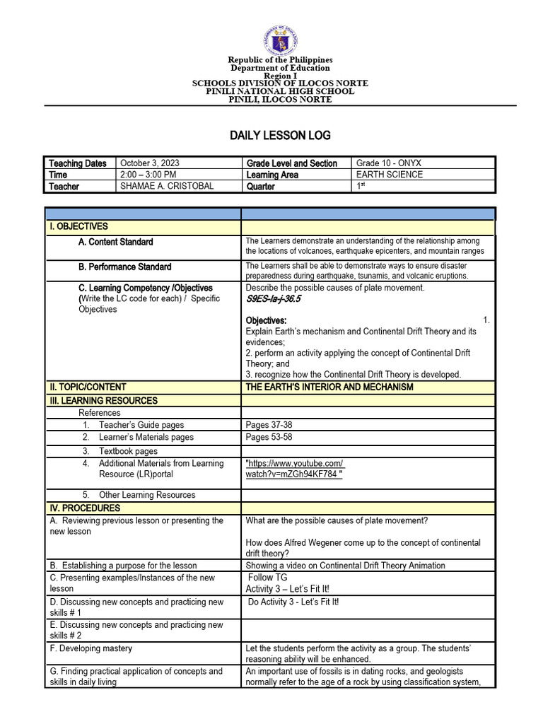 G10 - DLL - 1ST Class Observation | PDF | Plate Tectonics | Learning