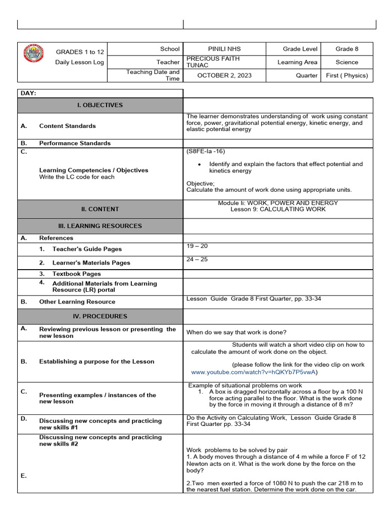 DLL - Science 8 | PDF | Potential Energy | Kinetic Energy