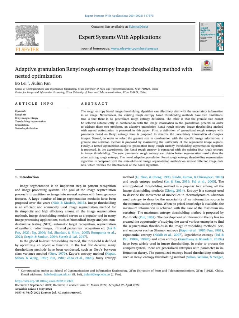 Adaptive Granulation Renyi Rough Entropy Image Thresholding Method With Nested Optimization ...