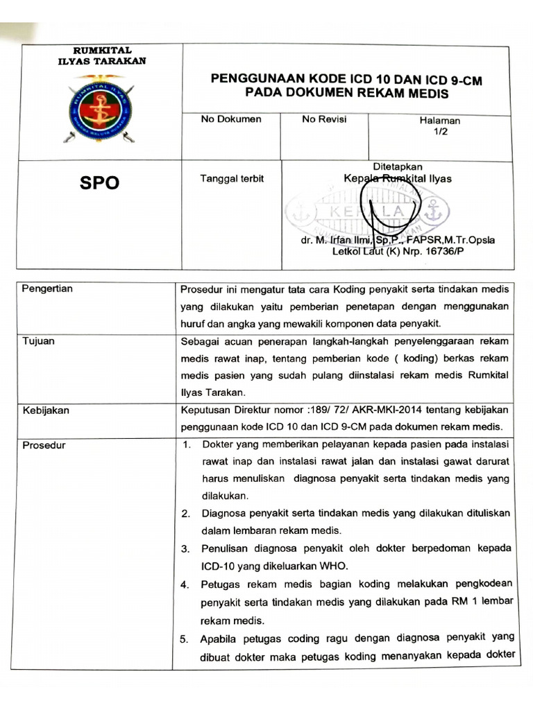 Spo Penggunaan Kode Penyakit Dan Kode Diagnosa | PDF