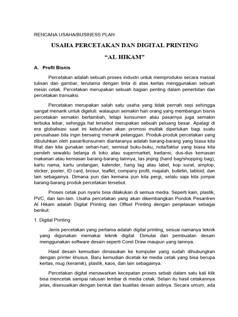 Rencana Usaha Percetakan Dan Digital Printing Alhikam | PDF