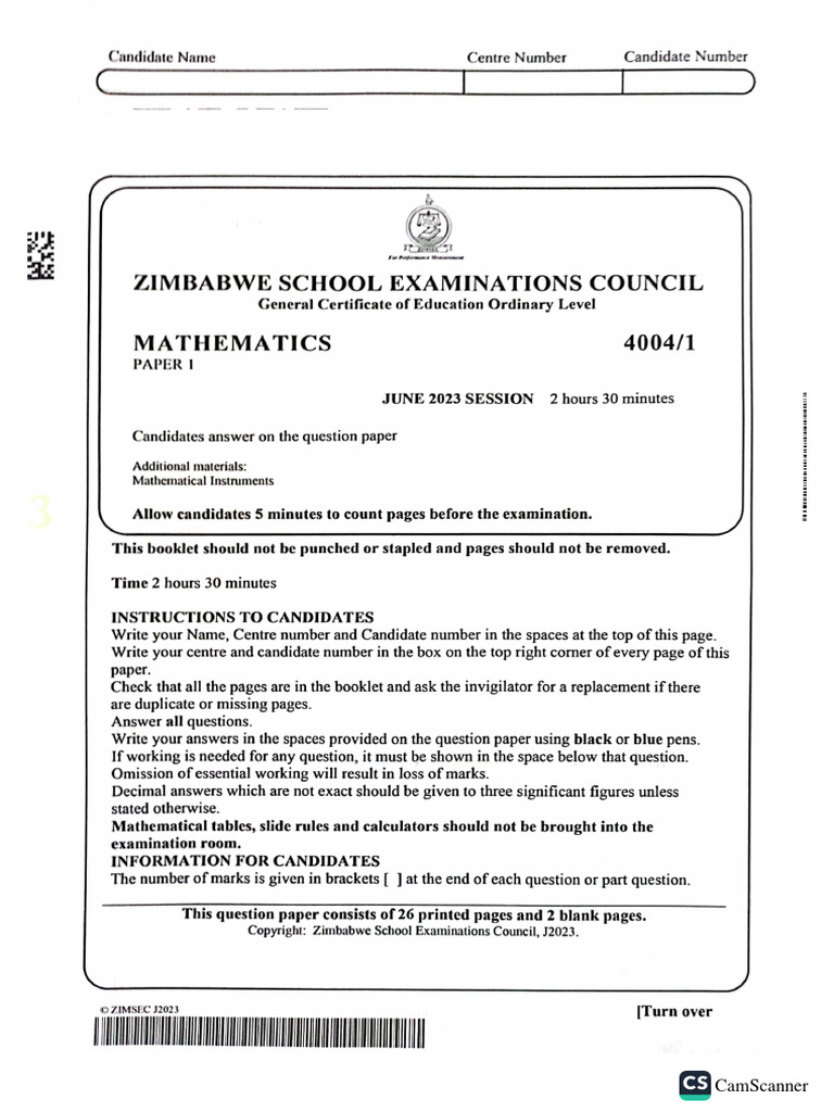 ZIMSEC O Level Maths Past Papers PDF | PDF