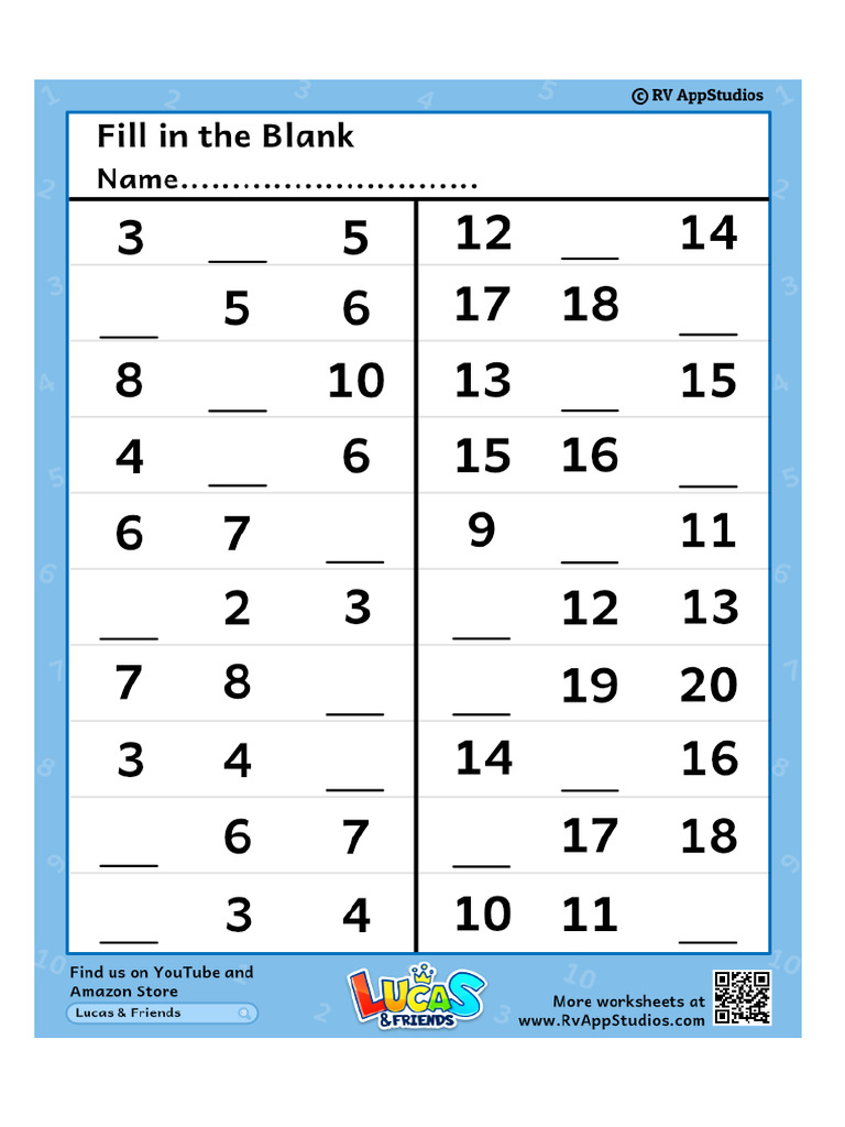 132 Free Printable Worksheets For Kids Fill in The Blank Number ...