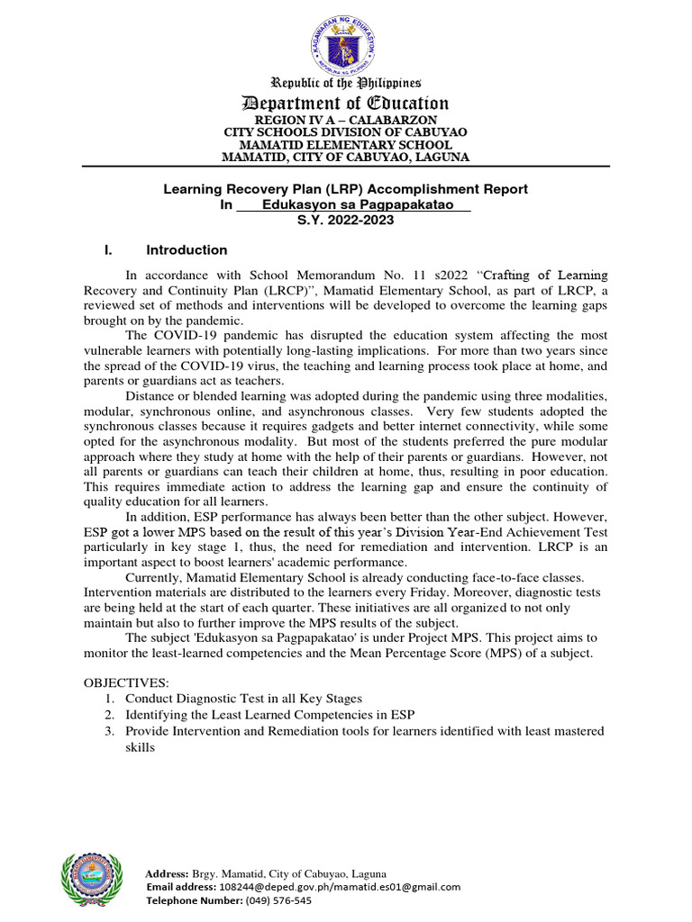 Mamatid ES ESP Accomplishment Report 2023 | PDF | Learning | Teachers