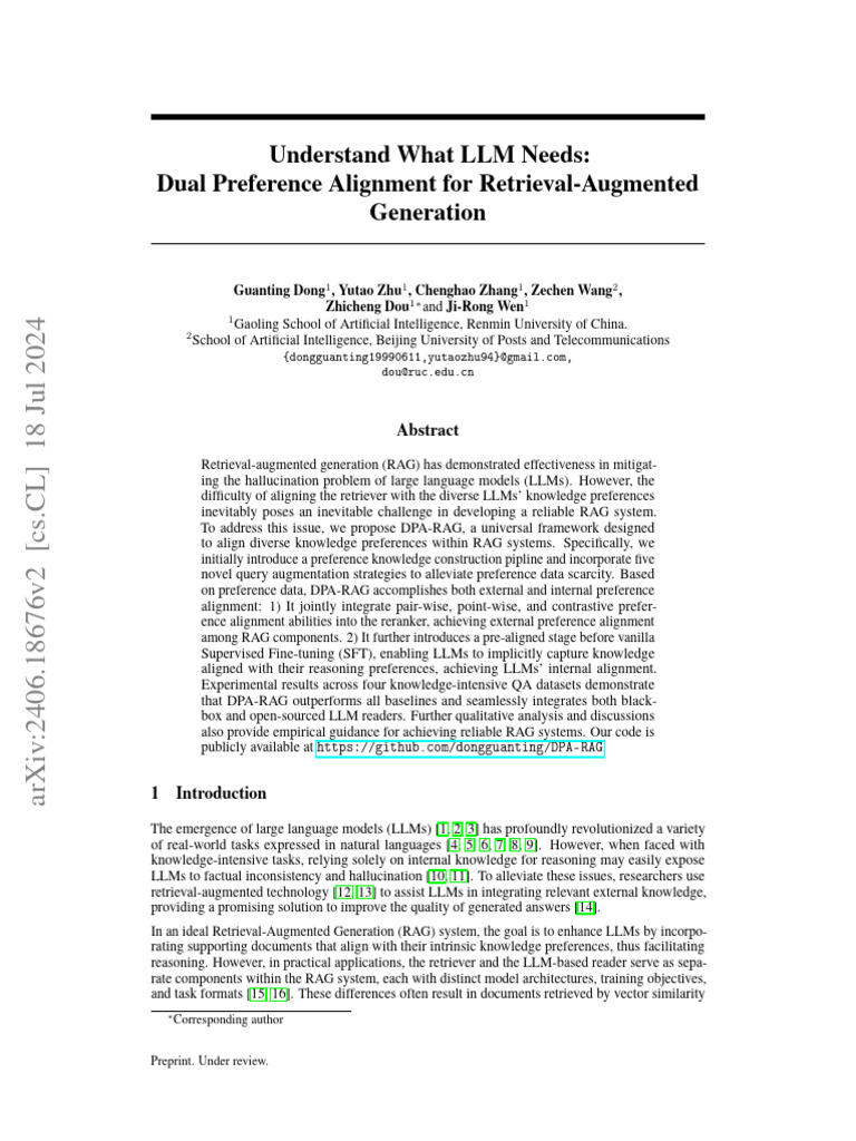 Understand What LLM Needs: Dual Preference Alignment For Retrieval-Augmented Generation | PDF ...