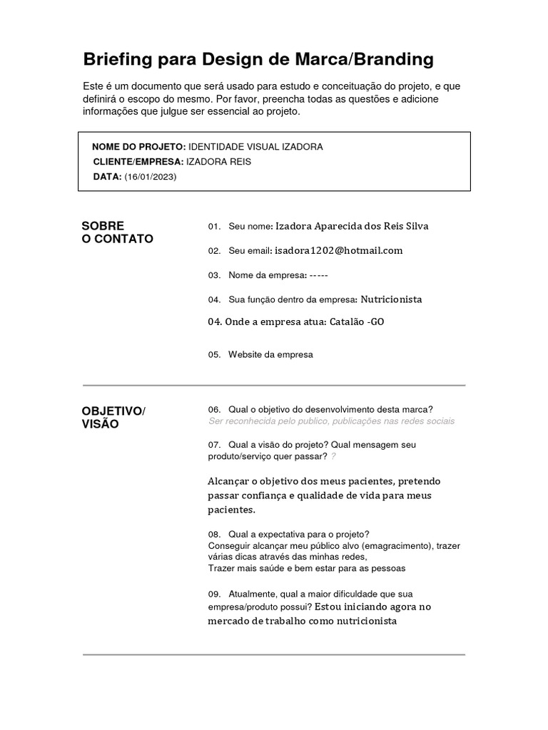 Modelo de Briefing Marca e Identidade Visual Des1gnON | PDF | Marca ...
