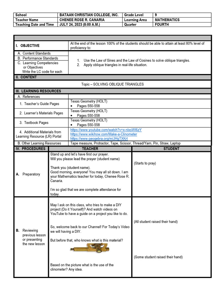 Solving Oblique Triangles Using Law of Sines and Cosines | PDF ...