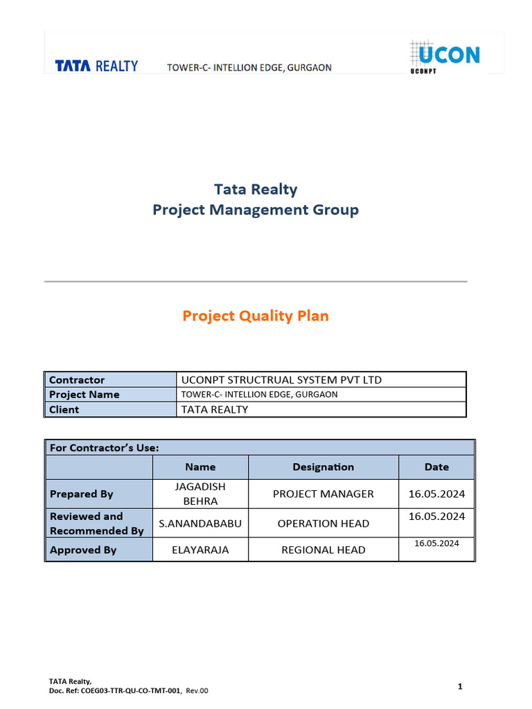 Project Quality Plan Template | PDF | Verification And Validation ...