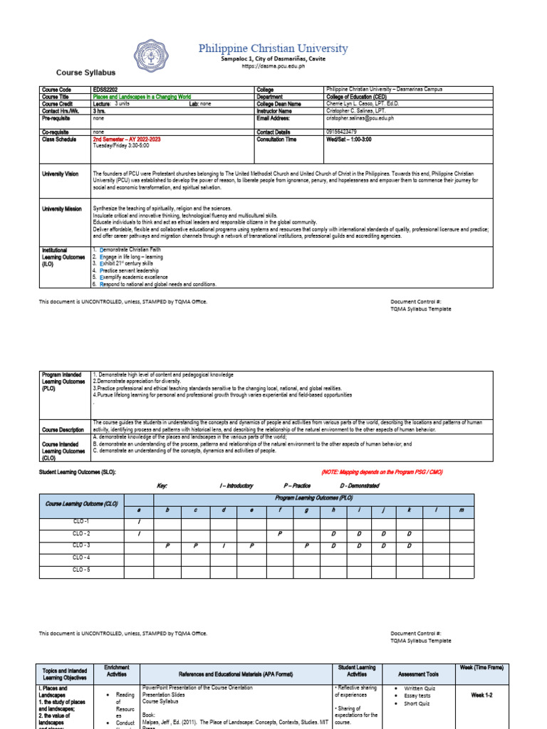 Obedized Integrated Syllabus - PLACES AND LANDSCAPES - SY 2023-2024 2nd ...