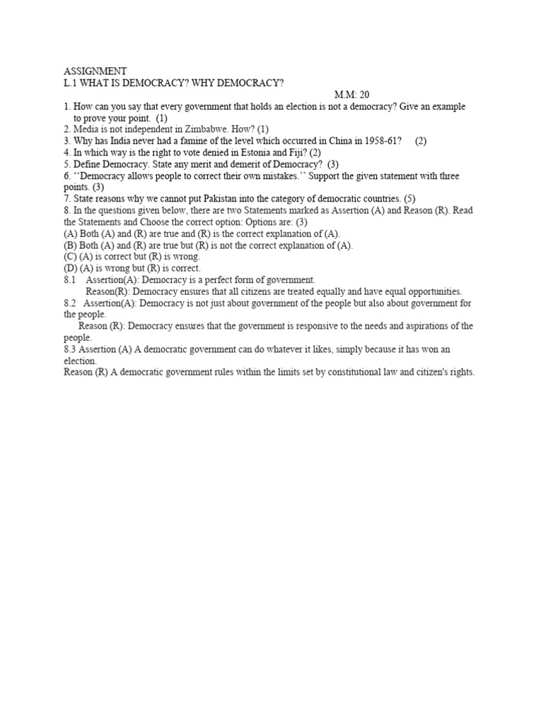 Assignment DP l.1 What Is Democracy Why Democracy | PDF
