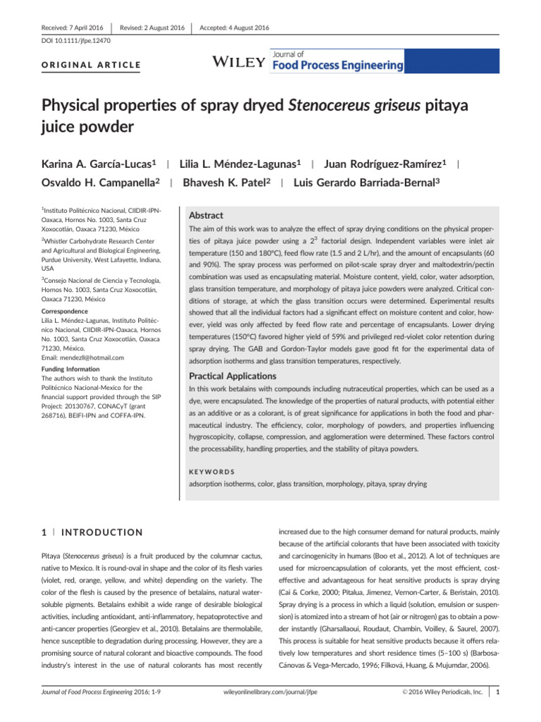 Karina Physical Propeties Spraydried Pitaya 2016 FPE | PDF | Adsorption ...