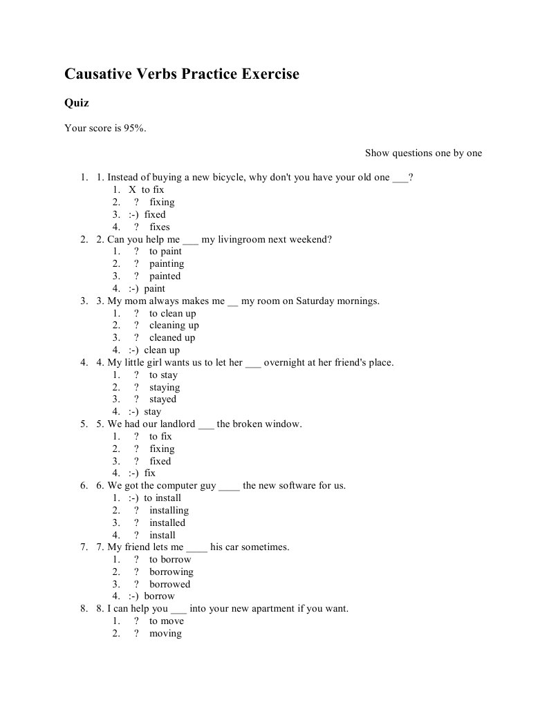 Causative Verbs Exercises with Answers | PDF | Games & Activities ...