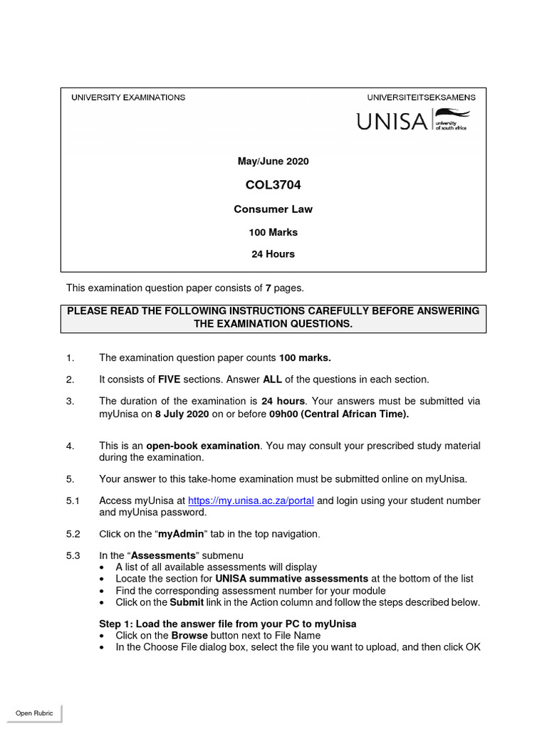 COL3704 - 2020 - May - Exam Paper - Final - QA - D | PDF | Credit | Finance & Money Management