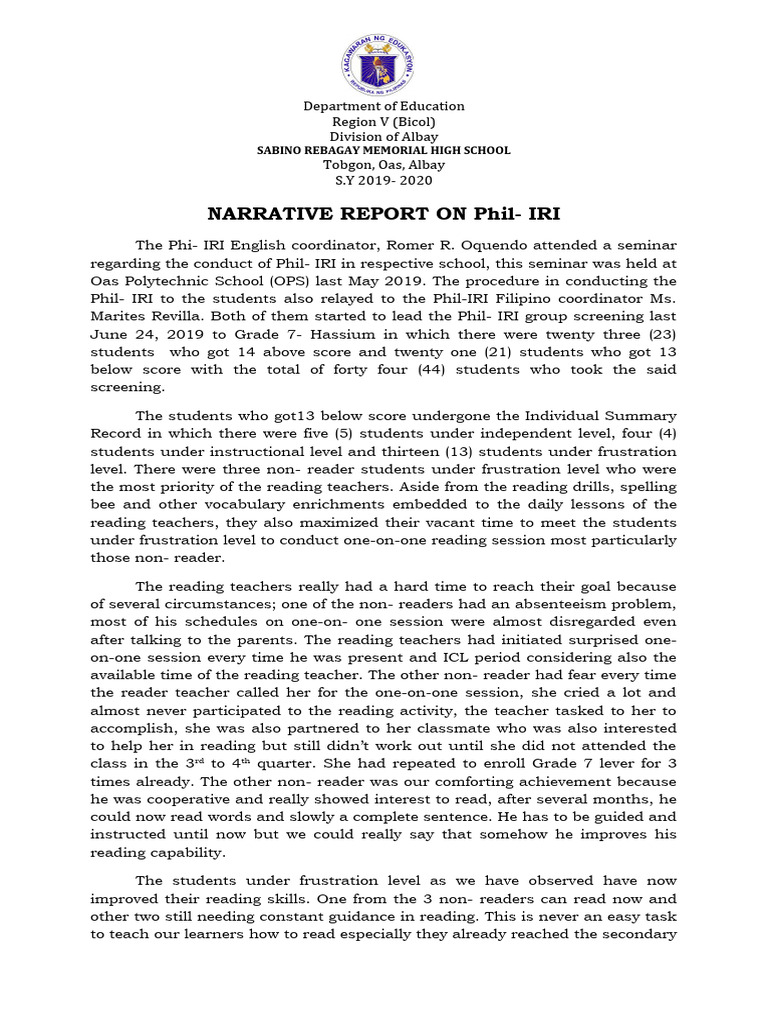 Phil-IRI Narrative Report | PDF | Learning Methods | Cognition