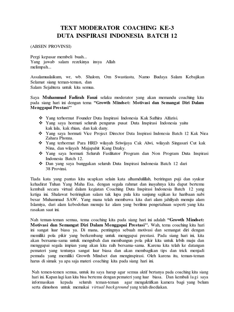Teks Moderator Coaching 3 - Muhammad Fadirah Fauzi | PDF | Karier & Perkembangan | Bisnis