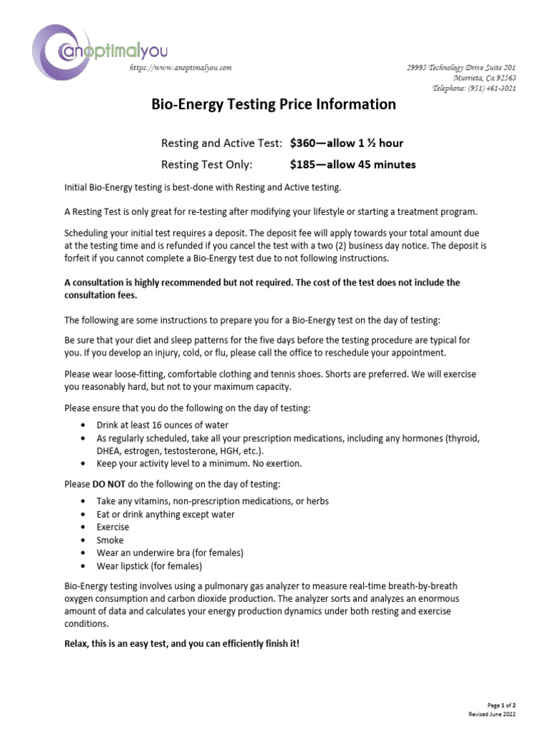 Bio-Energy Testing Pricing & Instructions | PDF | Medical Specialties ...