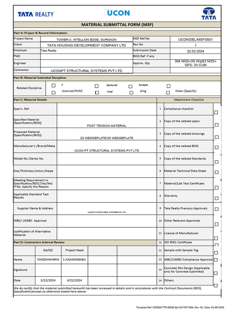 Material Submittal Form | PDF | Specification (Technical Standard ...