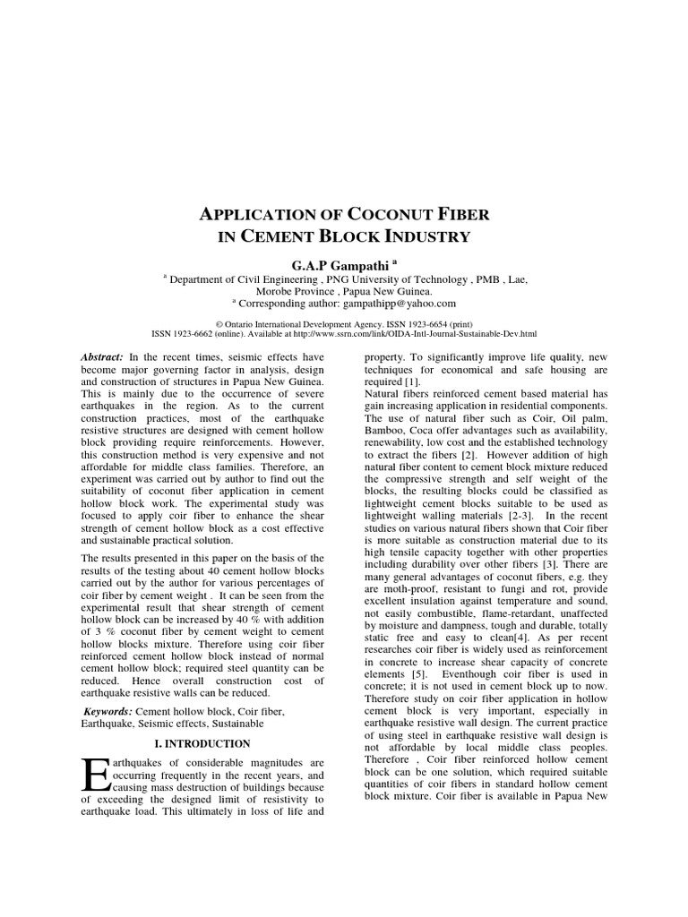 A C F C B I: Pplication of Oconut Iber IN Ement Lock Ndustry | PDF ...