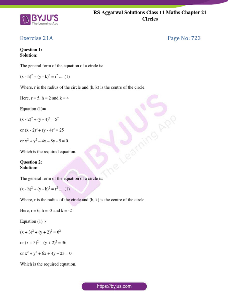 R S Aggarwal Solution Class 11 Maths Chapter 21 Circles Exercise 21A | PDF | Equations ...