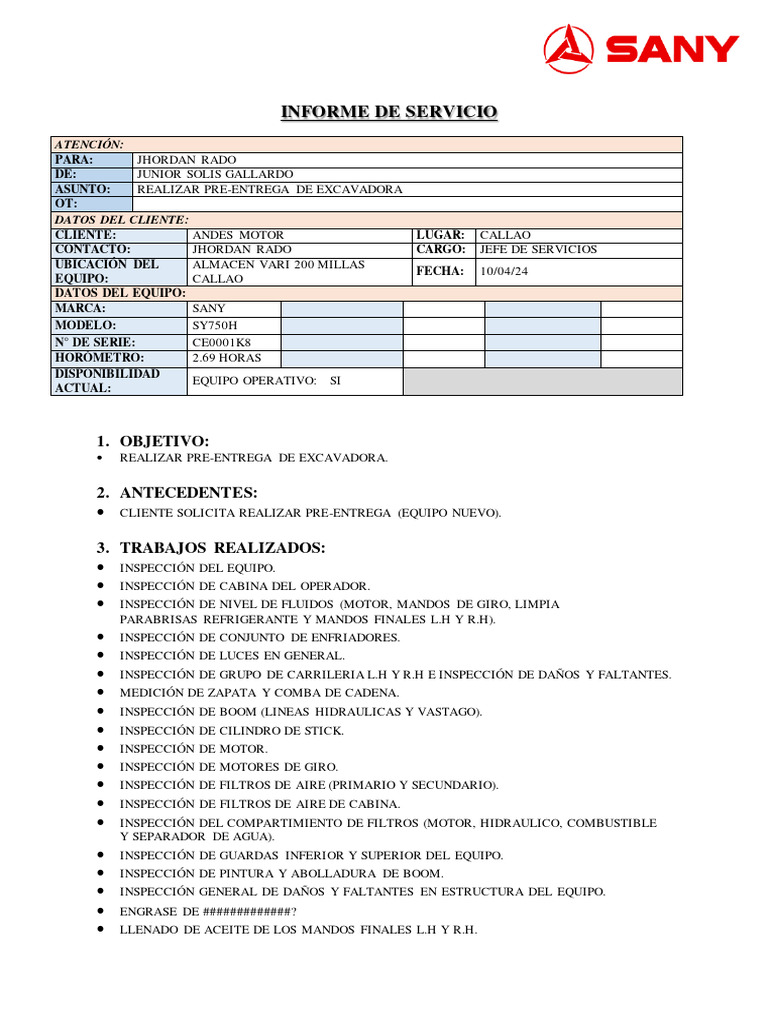 INFORME EXCA-SANY-100 Completo | PDF | Industria automotriz | Coche