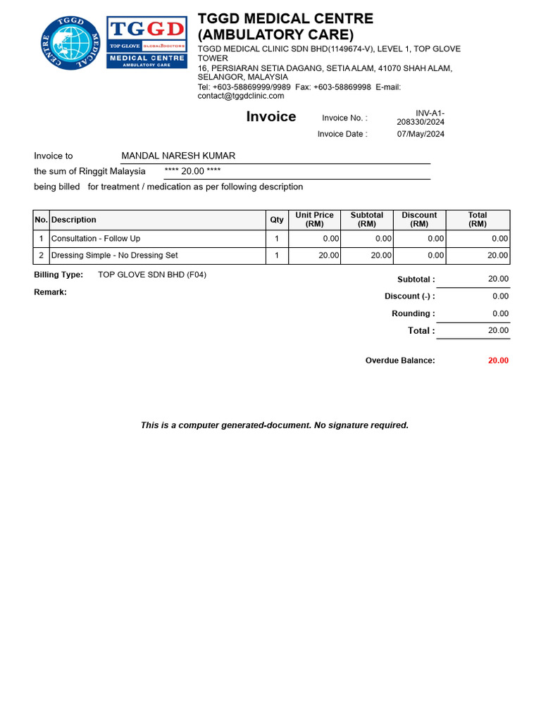 TGGD Medical Clinic Invoice Details | PDF | Malaysia | Economy Of Asia