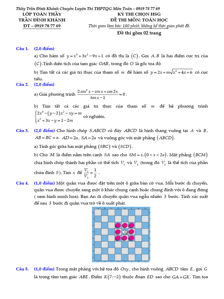 Câu 1. (2,0 điểm) : Lớp Toán Thầy Trần Đình Khánh ĐT - 0919 78 77 69 Kỳ Thi Chọn Hsg Đề Thi Môn ...