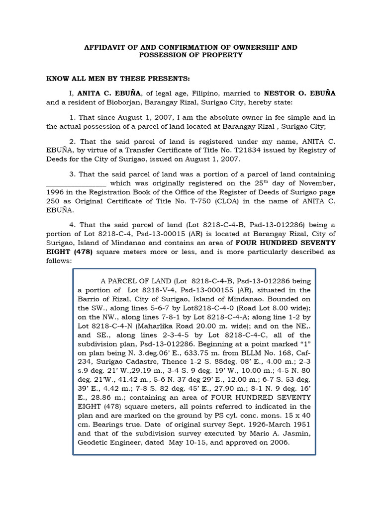 Affidavit of Confirmation - Ebuna | PDF | Affidavit | Land Lot