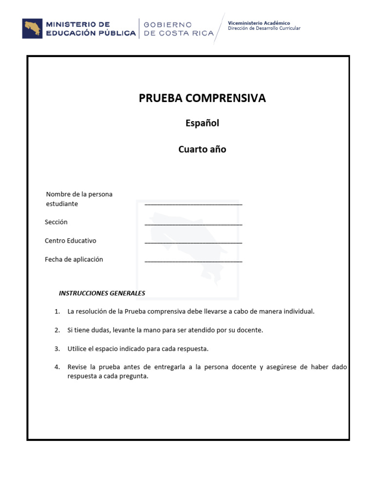 Prueba Comprensiva de Español 4to Grado | PDF | Artes del Lenguaje y ...