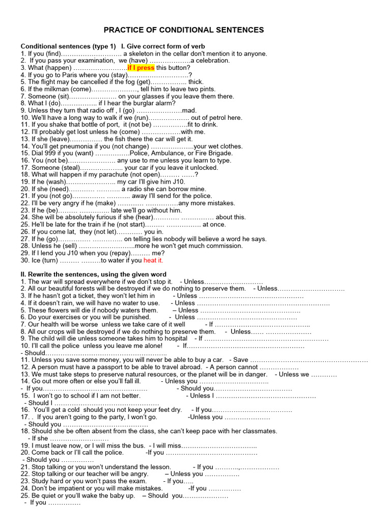Practice of Conditional Sentences A8 | PDF