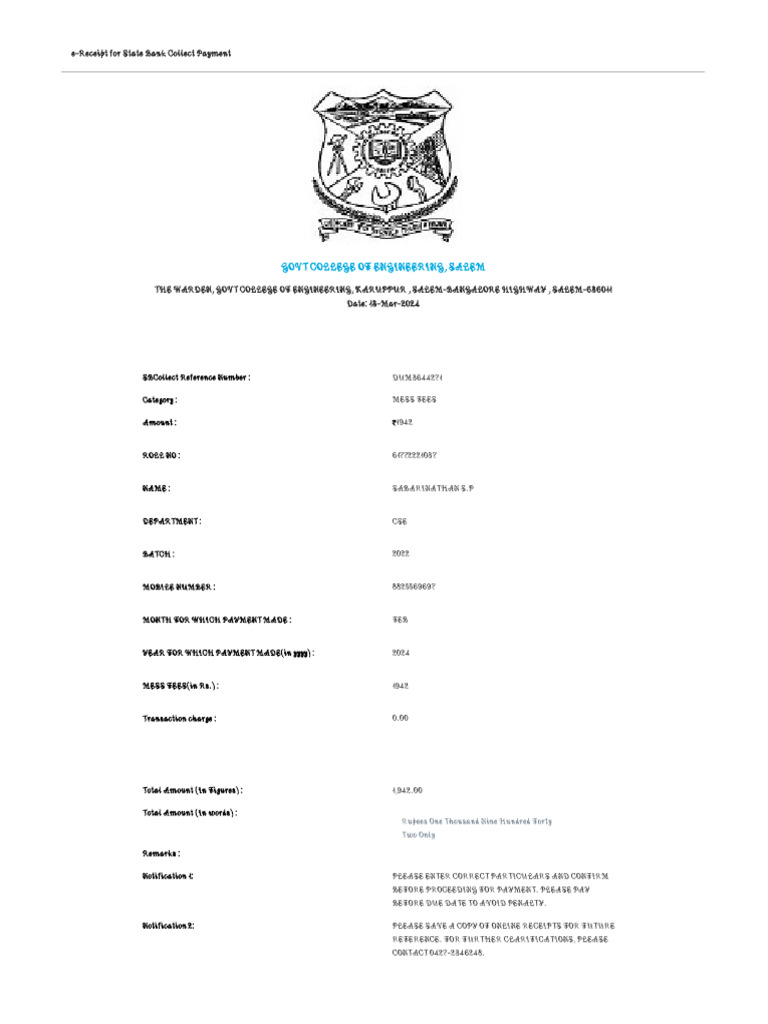 e-Receipt: GCE Salem Mess Fees Payment | PDF