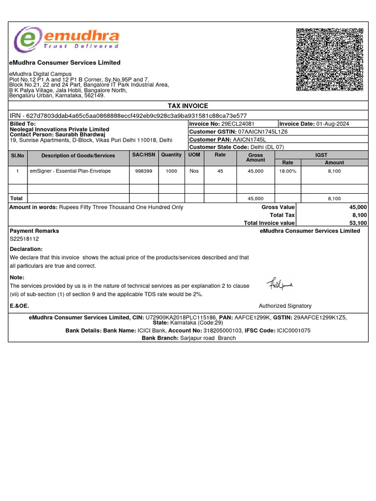 Invoice Signed 29ECL24081 | PDF | Money | Economies
