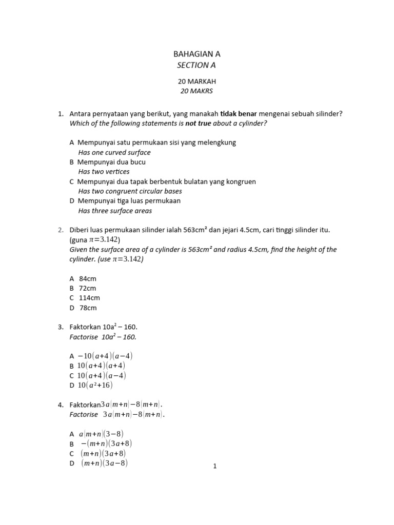 Kertas Peperiksaan Batch (Matematik f2) | PDF