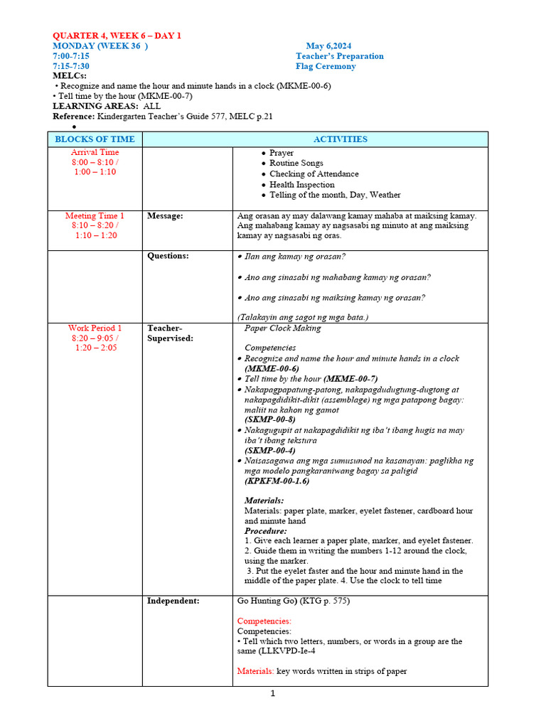 Dlp Q4 Week 6 Day1 Pdf Learning Clock