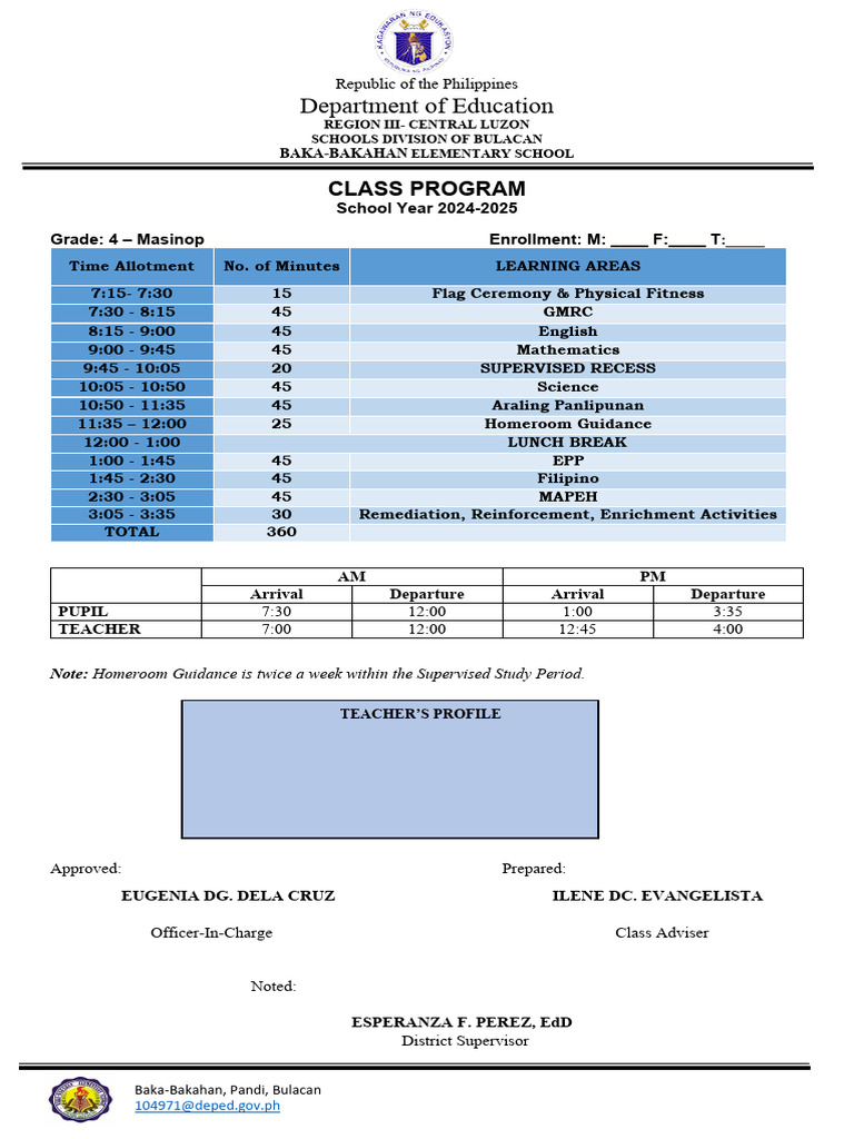 Sample Class Program S.Y. 2024 20245 Grade 4.1 | PDF | Educational ...