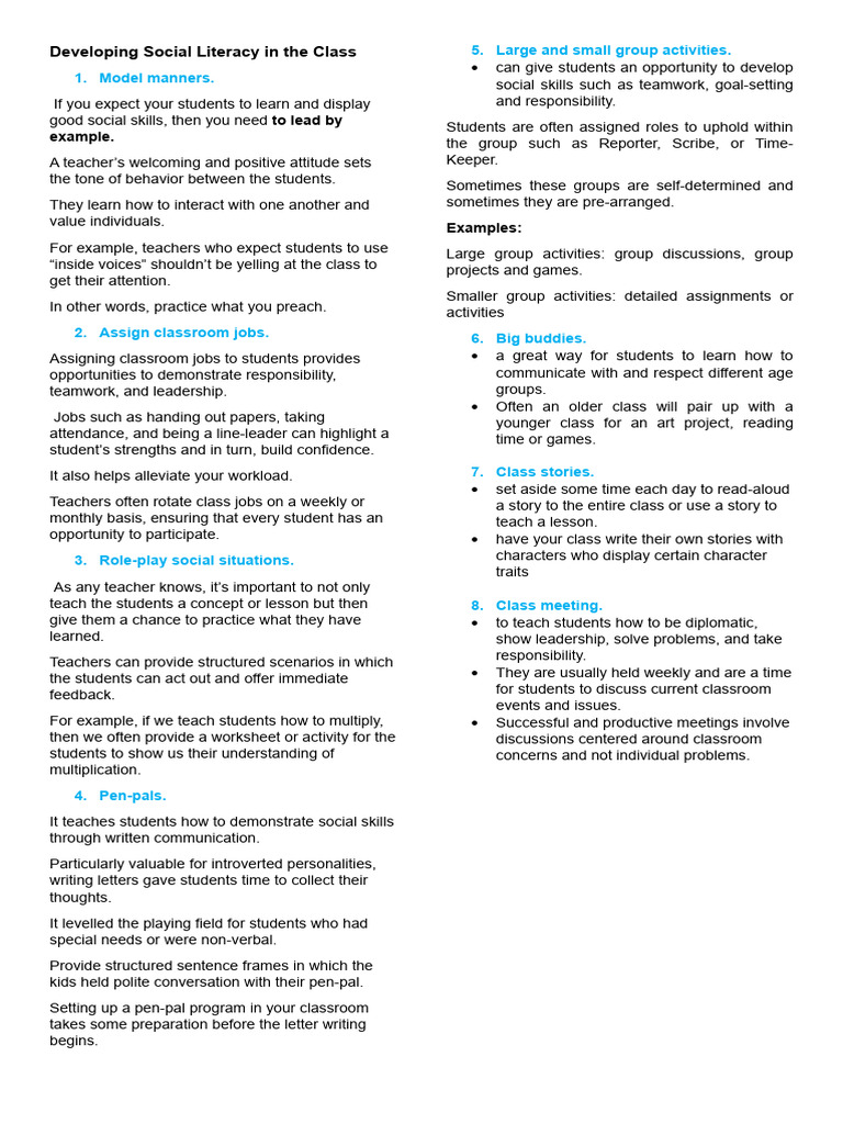 Developing Social Literacy in The Class | PDF | Teachers | Leadership
